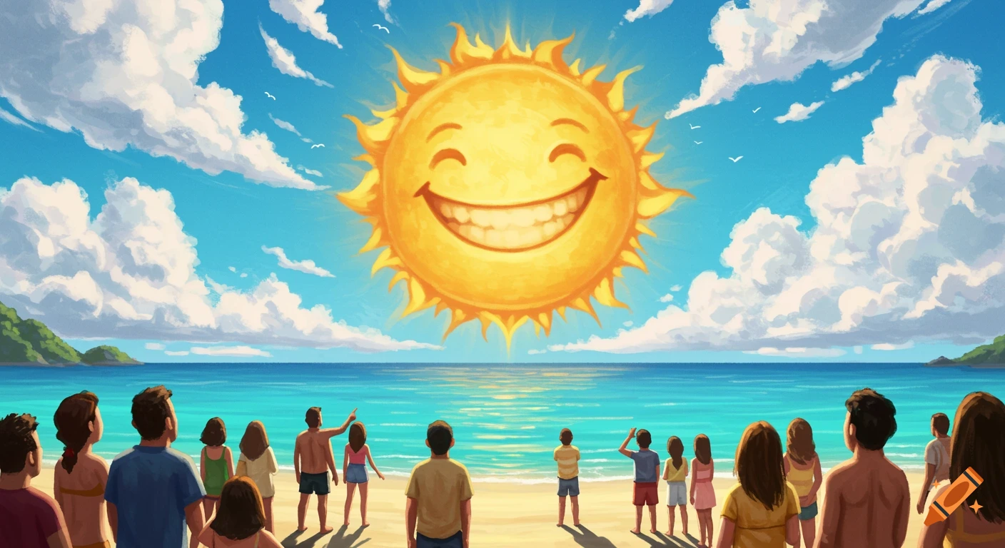 People on a beach watch a large smiling sun in the sky. on Craiyon