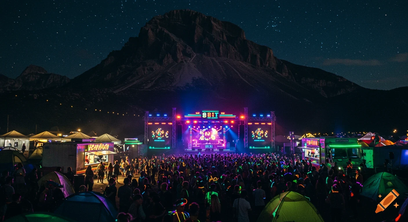 Night view of an 8-bit themed outdoor music festival crowd gathered ...