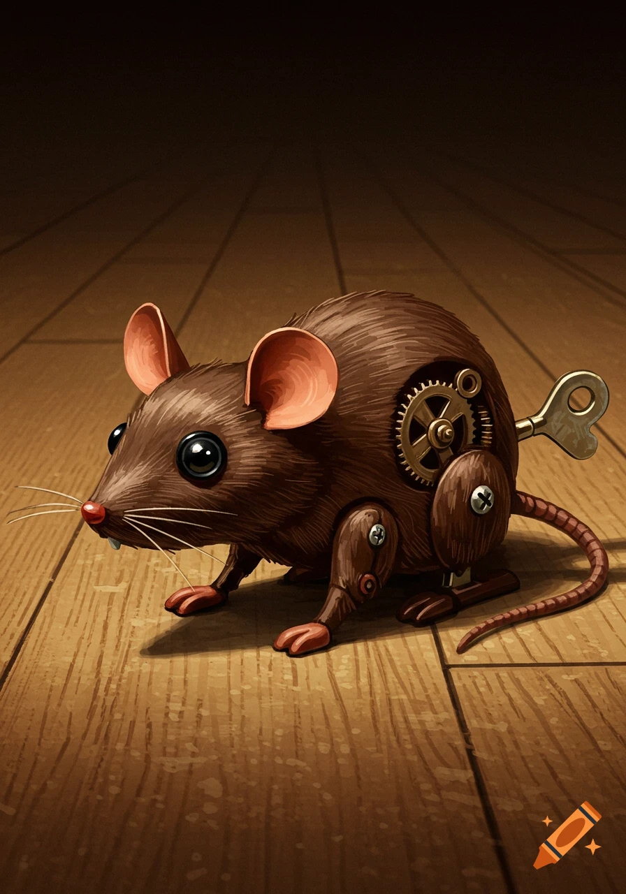 A detailed illustration of a wind-up toy mouse on a wooden floor. on ...
