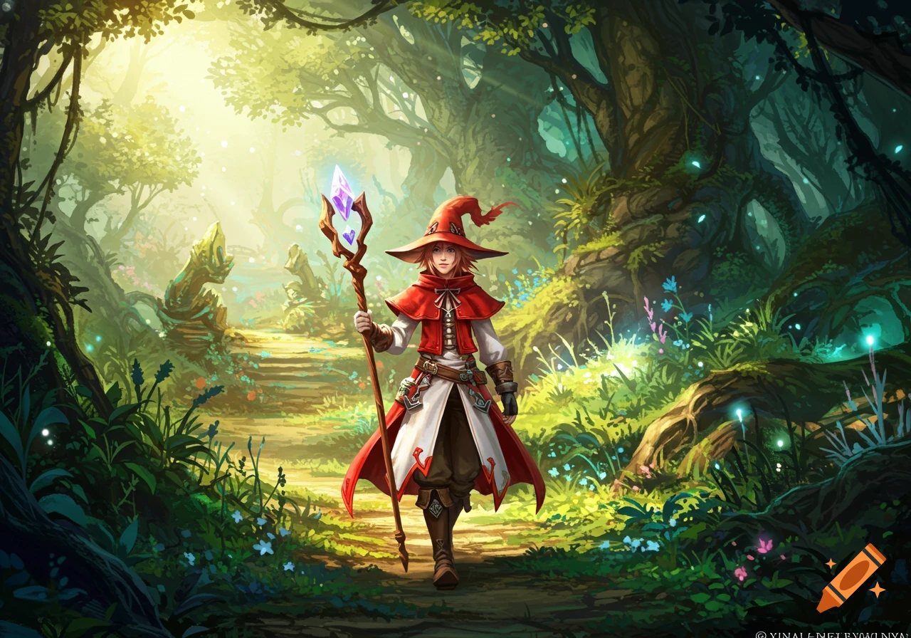 A fantasy character resembling a Red Mage walks through a luminous ...