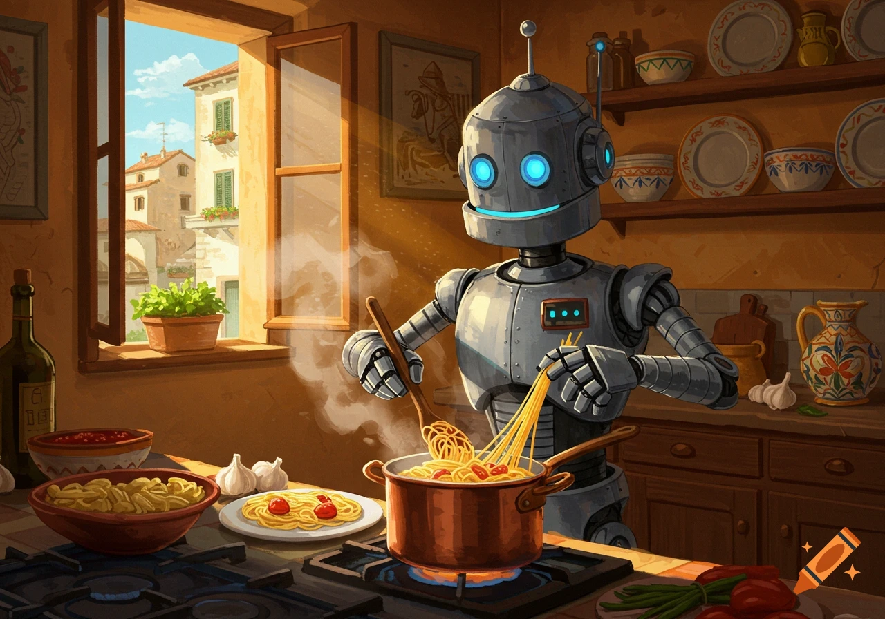 A robot cooks spaghetti in a sunny Italian kitchen. on Craiyon
