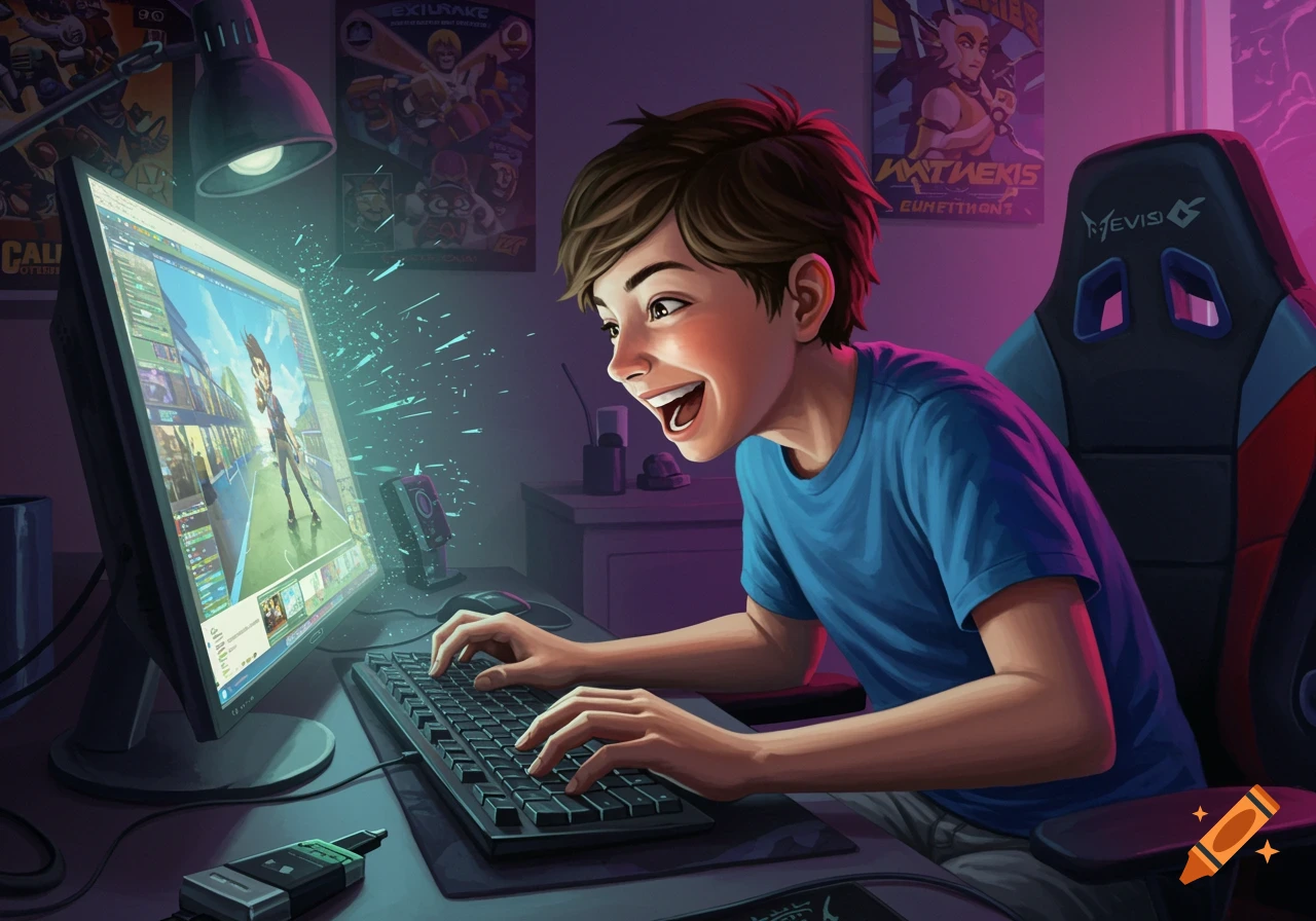 Illustration of a happy boy playing a competitive game on a computer in ...