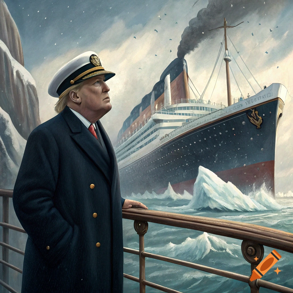 Donald Trump, dressed as a ship captain, stands on the deck of a large ...