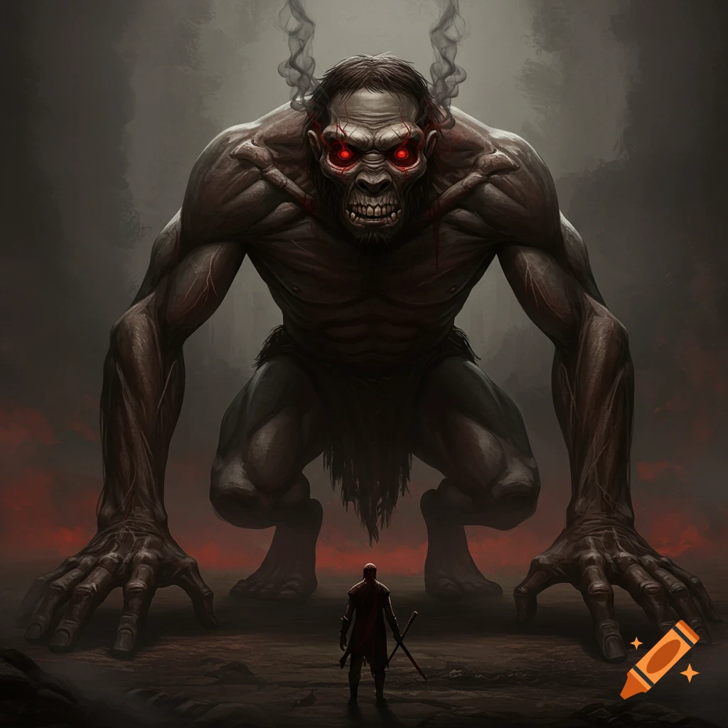 Large monstrous creature with glowing red eyes looming over a small ...