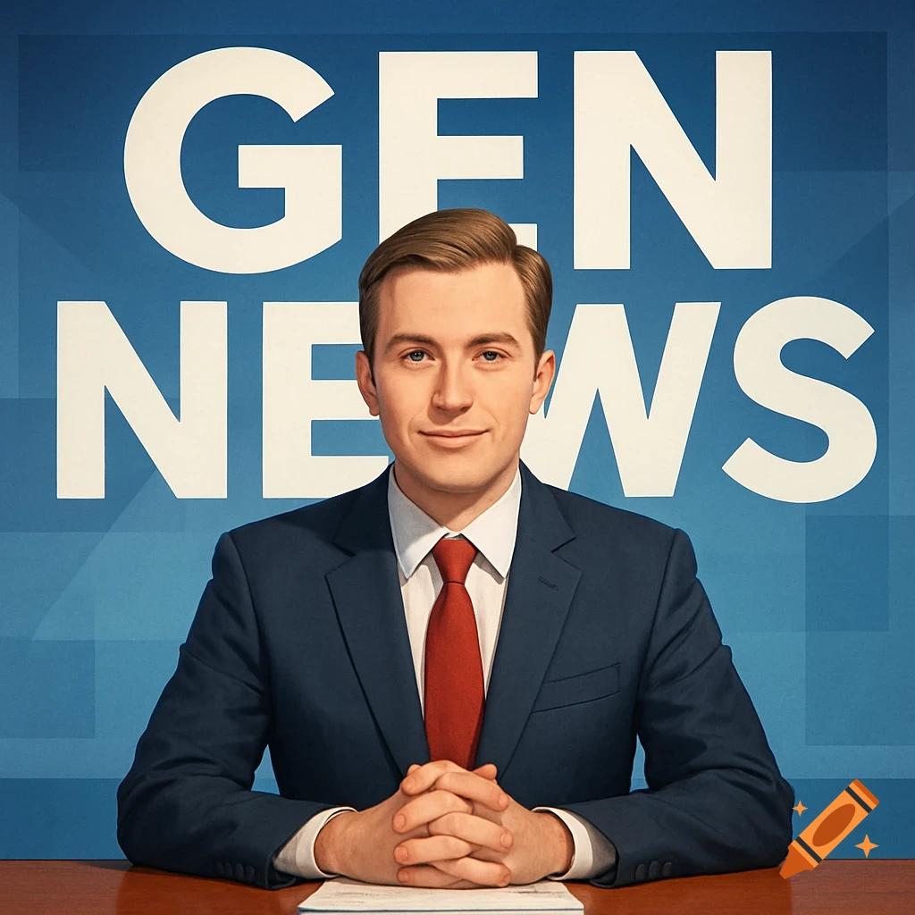 A news anchor sits at a desk in front of a blue screen with the words ...