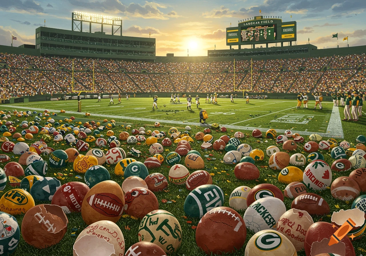 Painted view of Lambeau Field during a football game with hundreds of ...