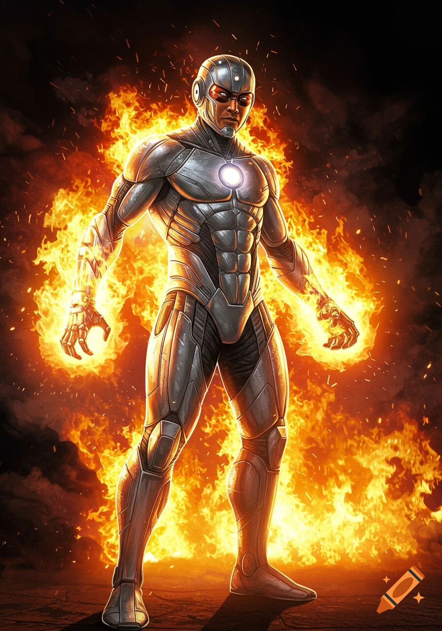 Superhero in silver armor surrounded by flames. on Craiyon
