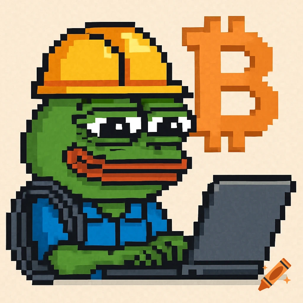 Pixel art of Pepe the Frog in a hard hat using a laptop with a large ...