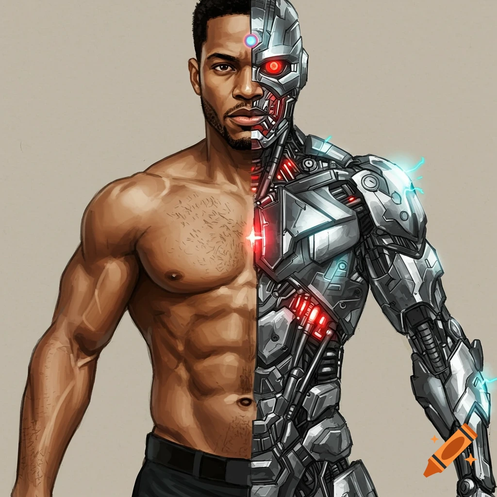 A portrait illustration of a man split vertically, one side human and ...