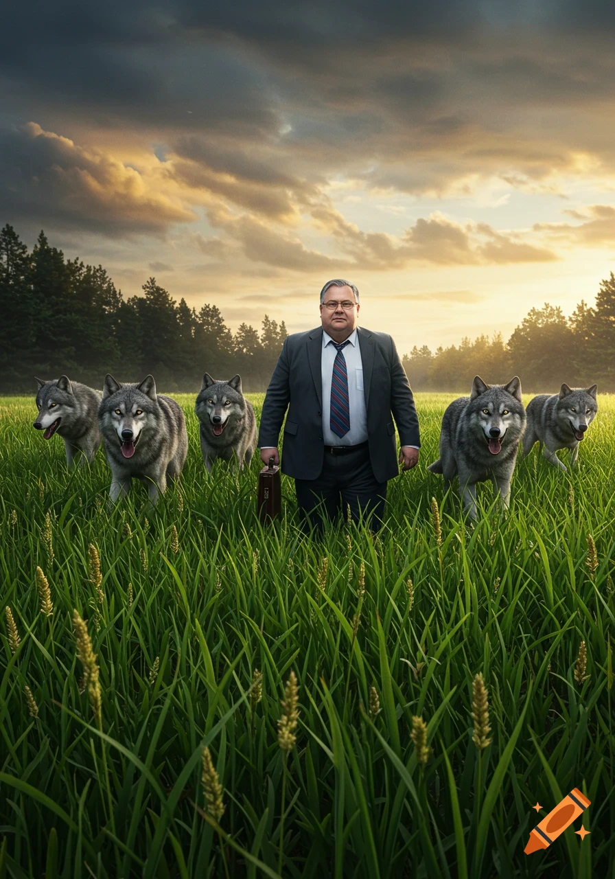 Man in a suit walks through tall grass with wolves around him under a ...