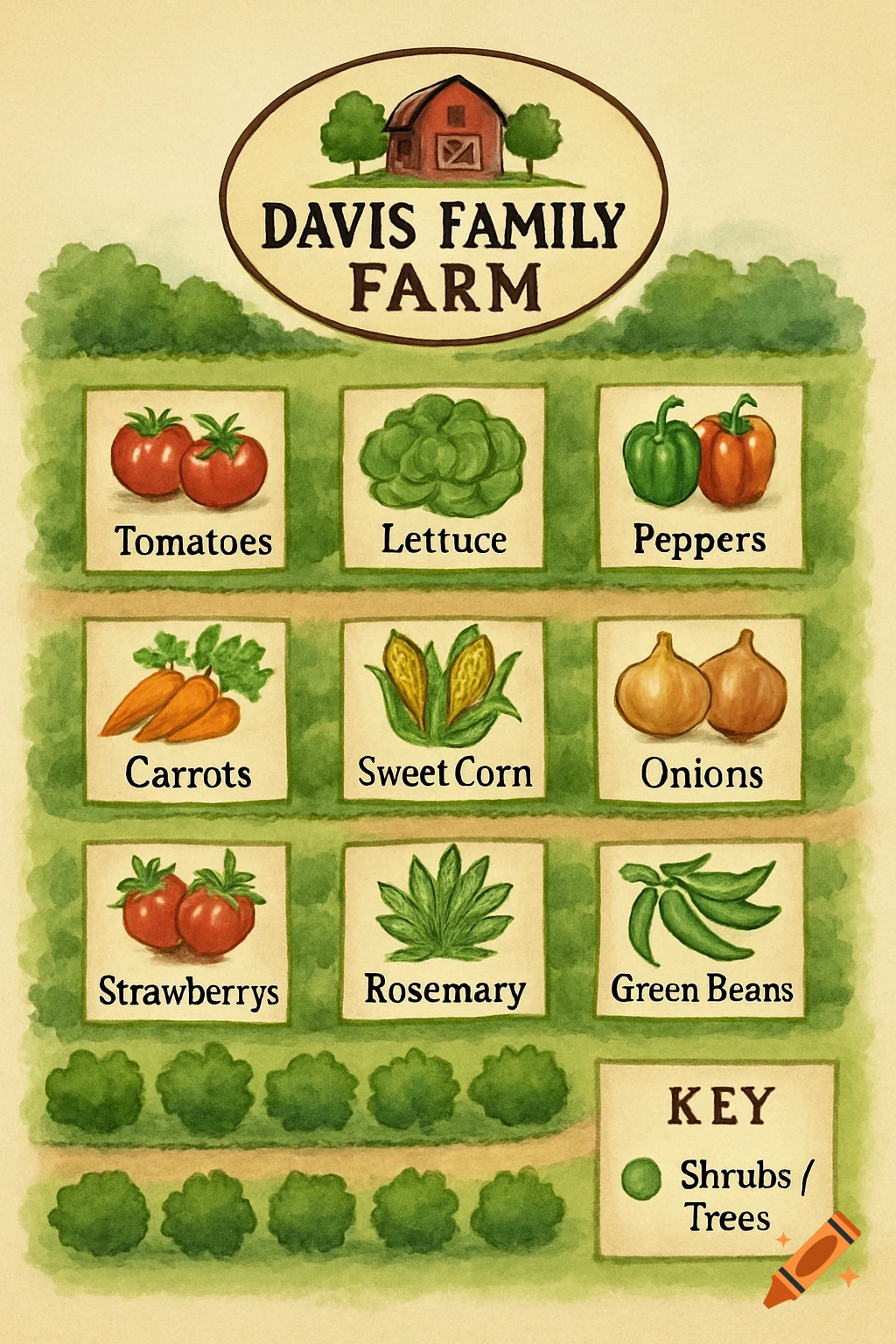 Illustrated map of a farm showing labeled crops like tomatoes, lettuce ...