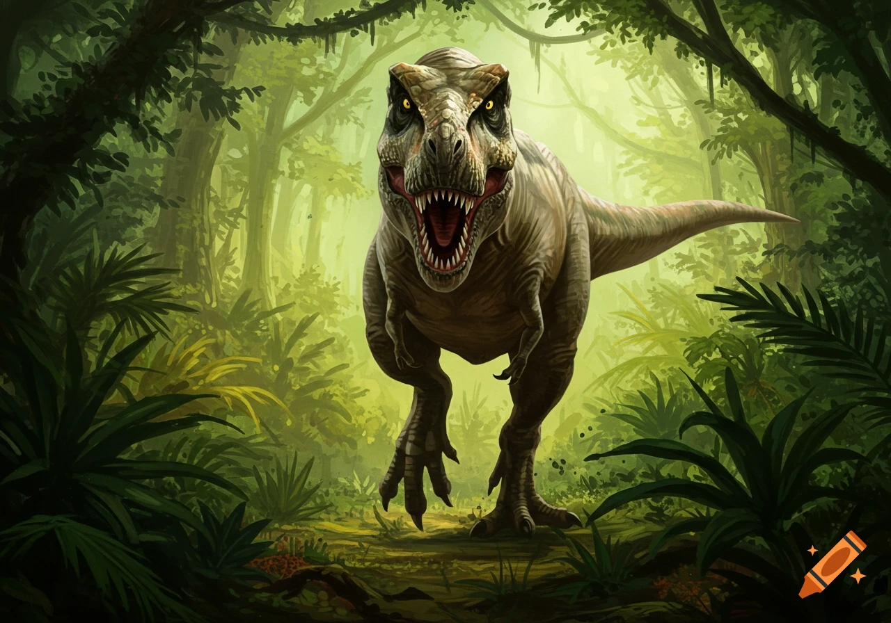 A Tyrannosaurus Rex stands in a lush jungle, facing forward with its ...