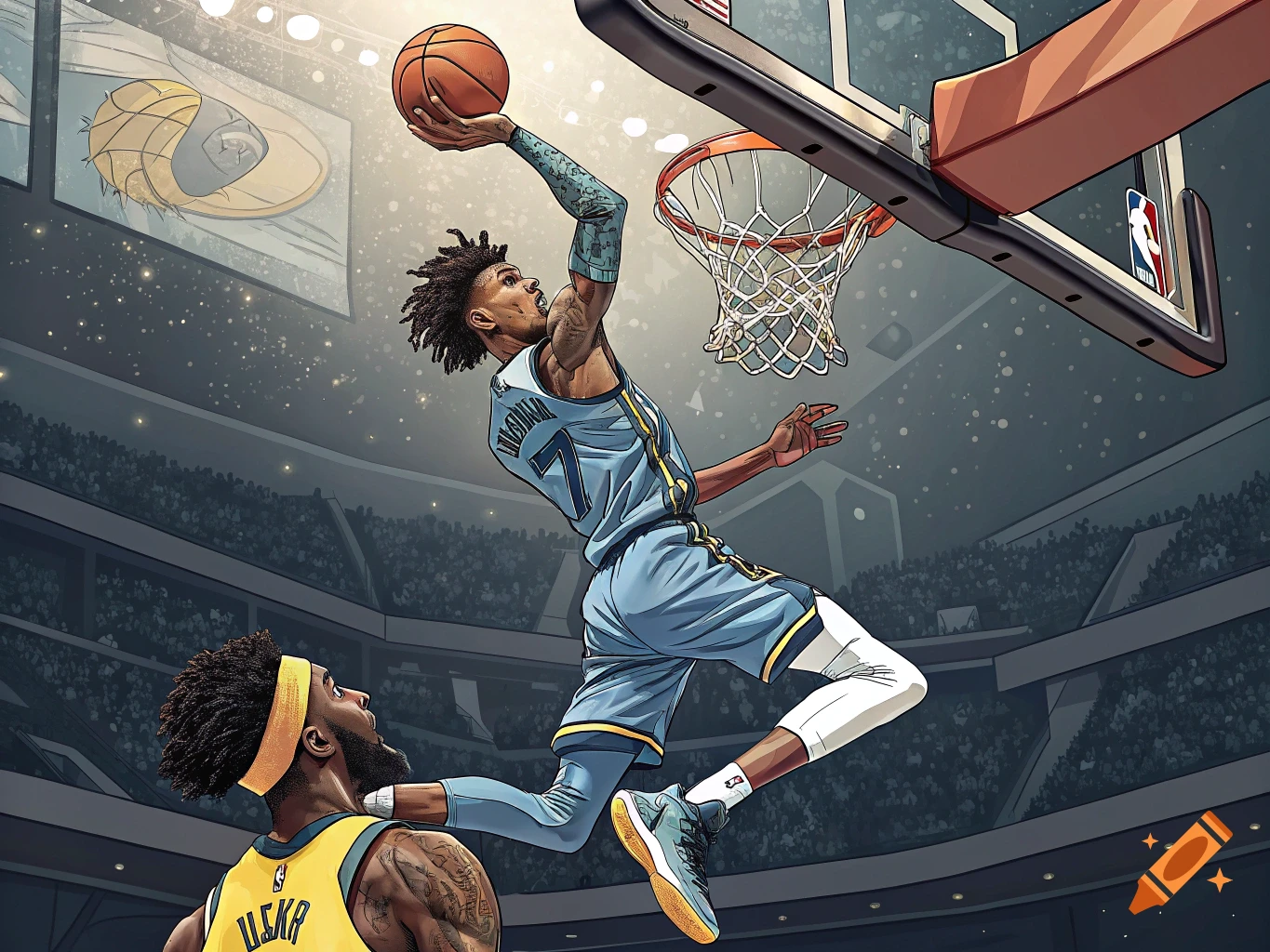 Illustrated view of a basketball player dunking on another player in an ...