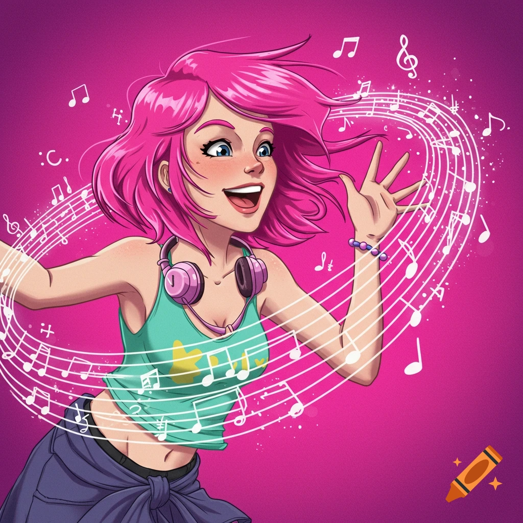 Pink-haired anime girl with headphones singing, surrounded by floating ...