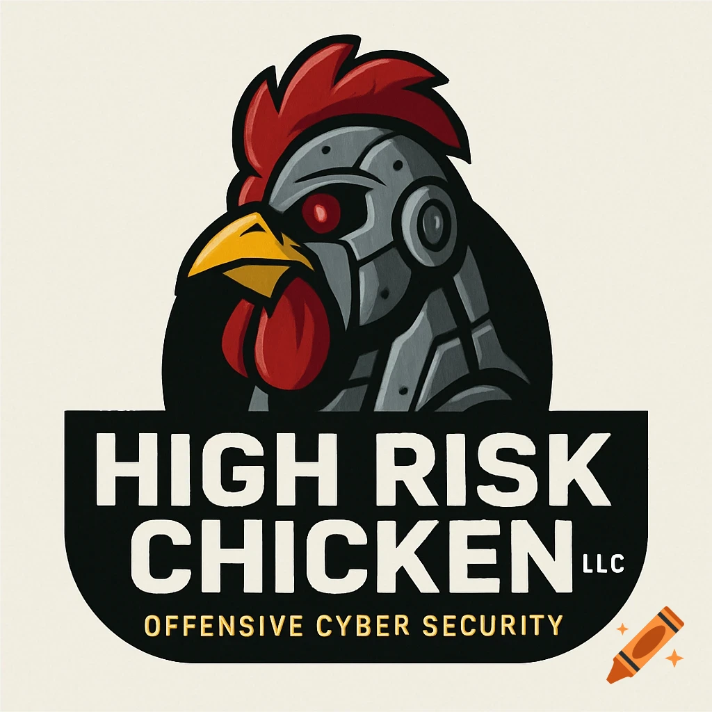 Logo with a cyborg chicken head above the text "HIGH RISK CHICKEN LLC ...
