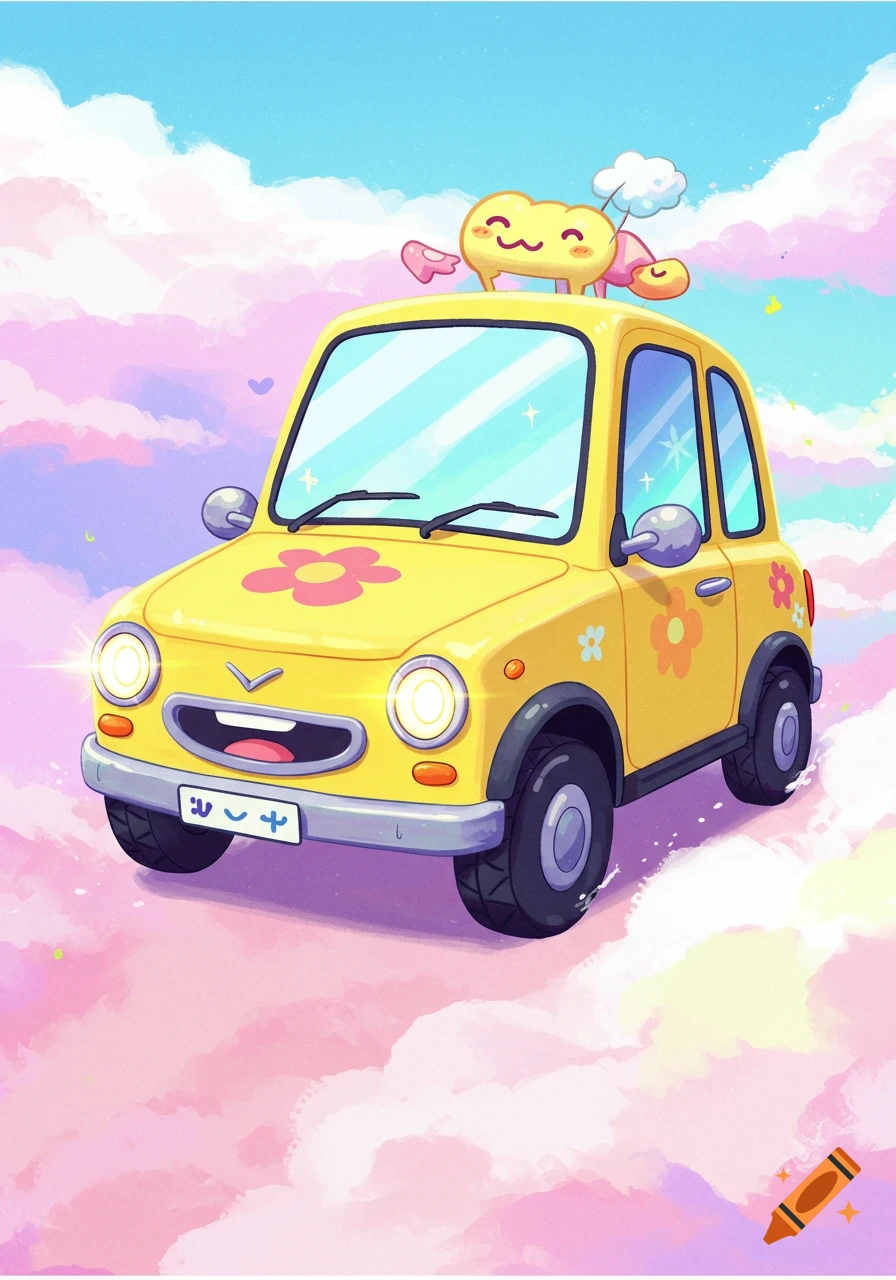 A yellow cartoon car with a face and flowers and a creature on top ...