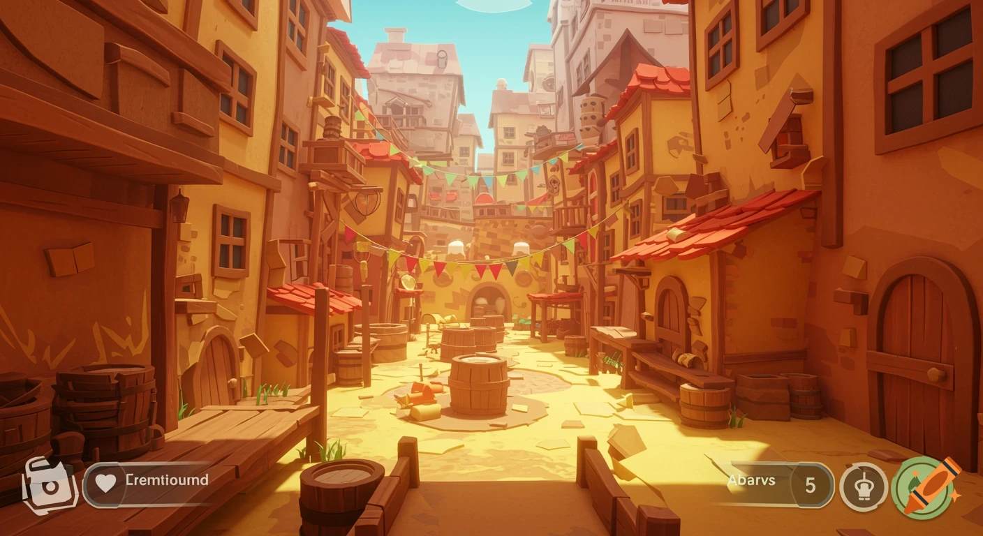 Cartoonish game art of a fantasy town square with buildings and market ...