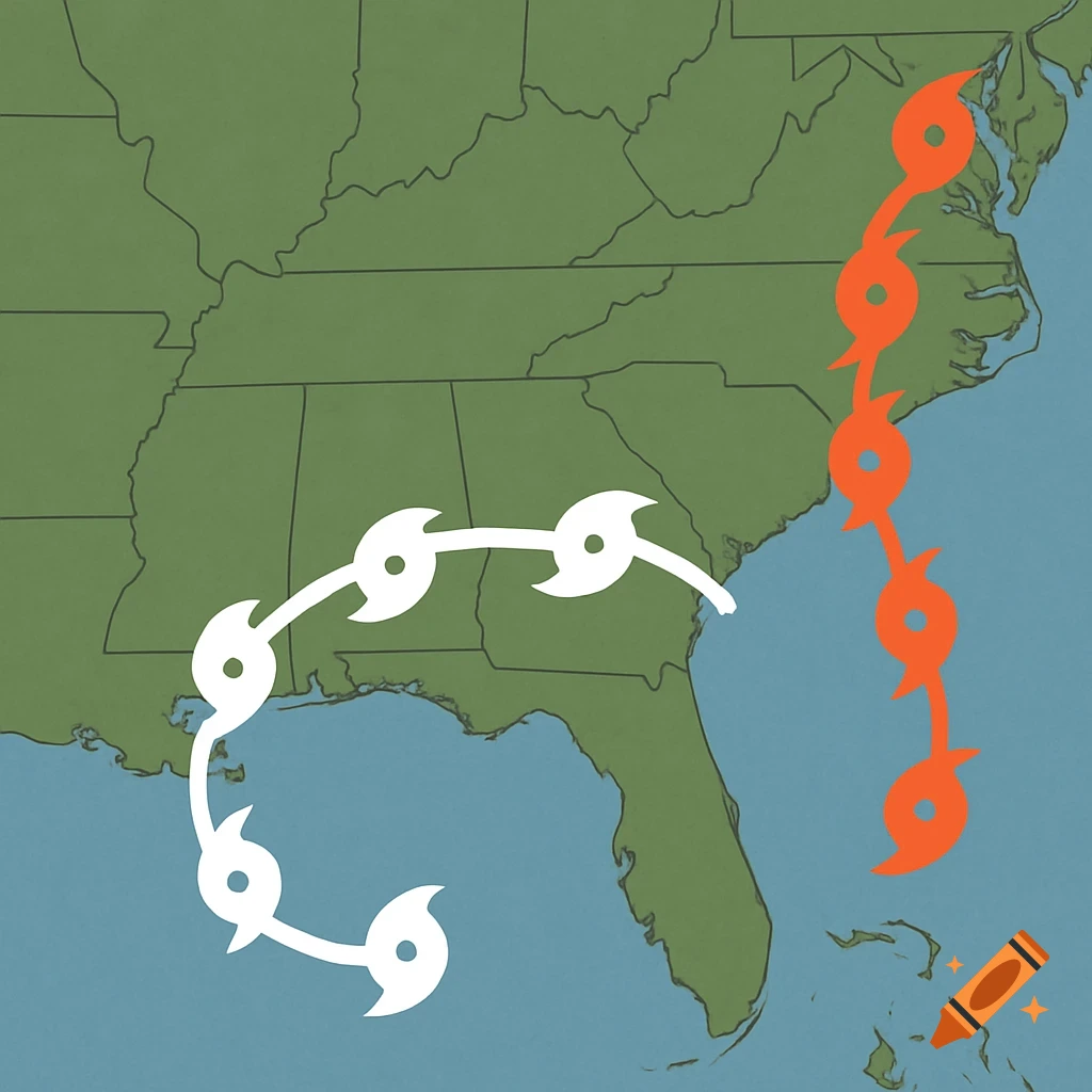 A map of the southeastern United States showing two hurricane paths. on ...
