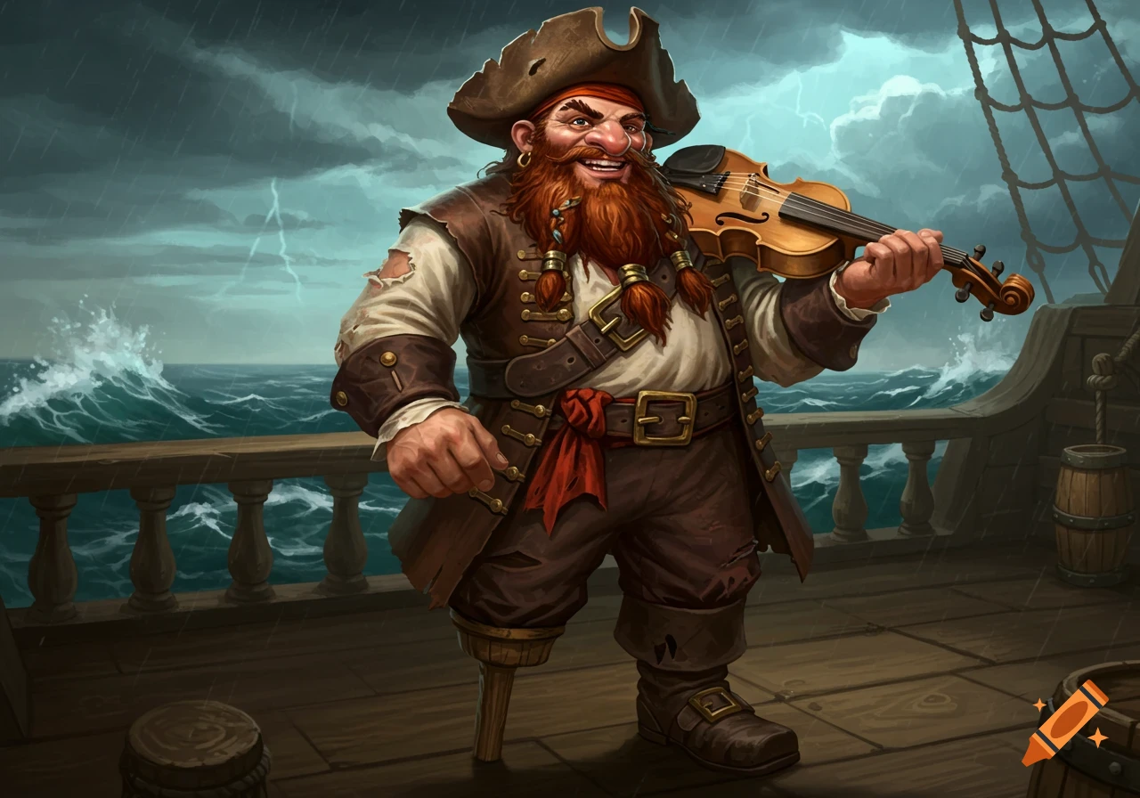 A dwarf pirate with a peg leg plays a fiddle on a ship in a storm. on ...