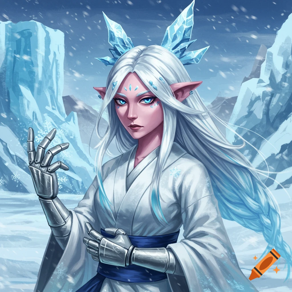 Fantasy portrait of an ice elf with metallic hands and ice crystals on ...