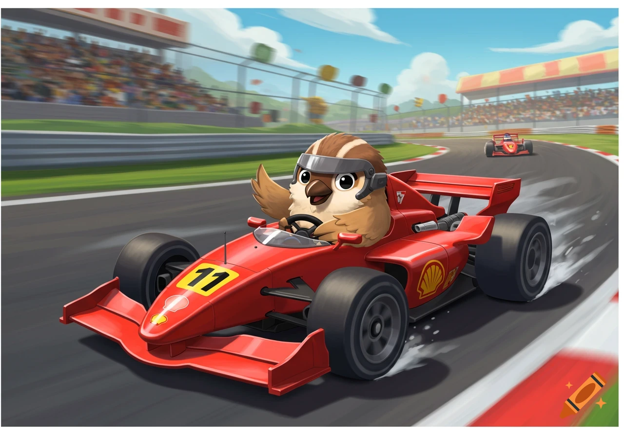 A cartoon bird in goggles drives a red Formula 1 race car on a track ...
