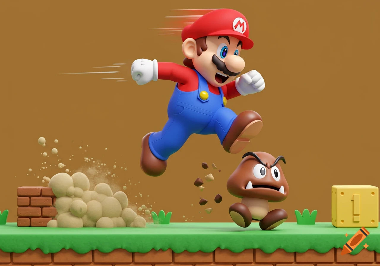 3D illustration of Mario jumping on a Goomba in a video game scene on ...