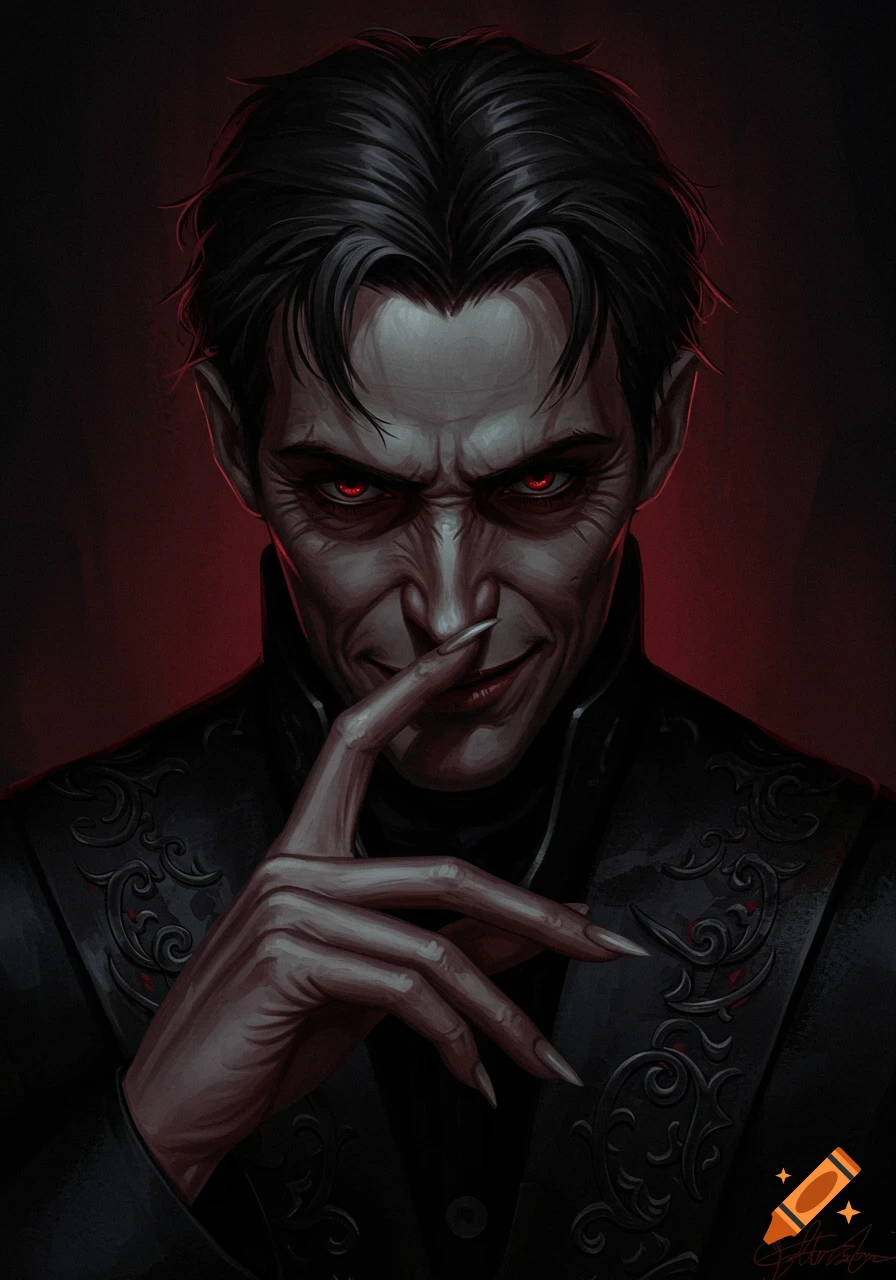 Dark fantasy portrait of an evil man with red eyes and sharp nails ...