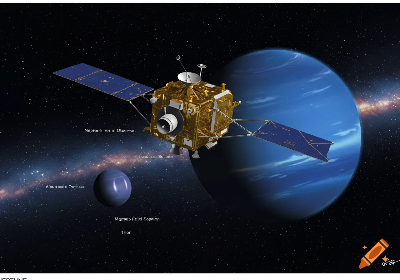 Golden spaceship orbiting Neptune and Triton in space on Craiyon