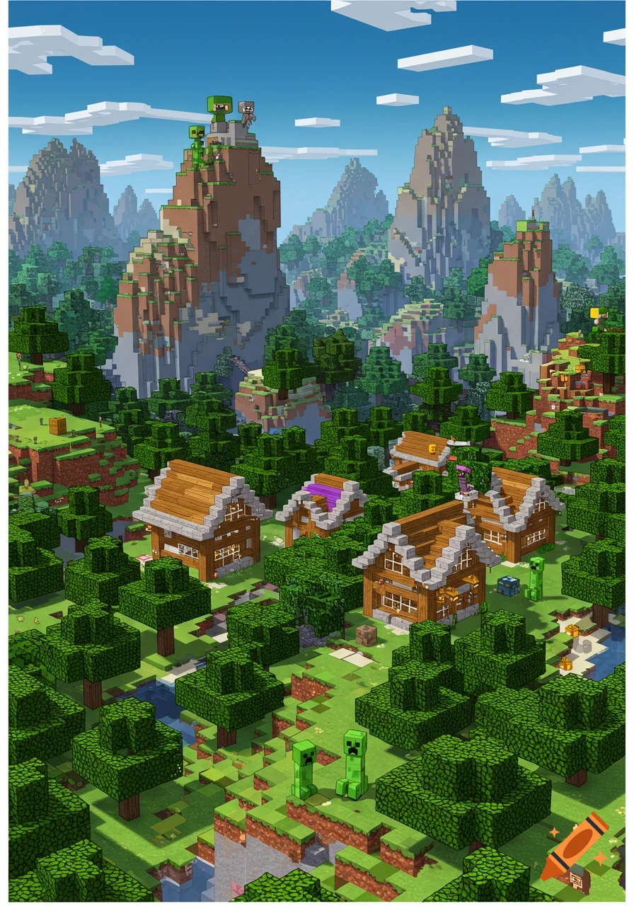 Minecraft village in a blocky mountain landscape with trees, villagers ...