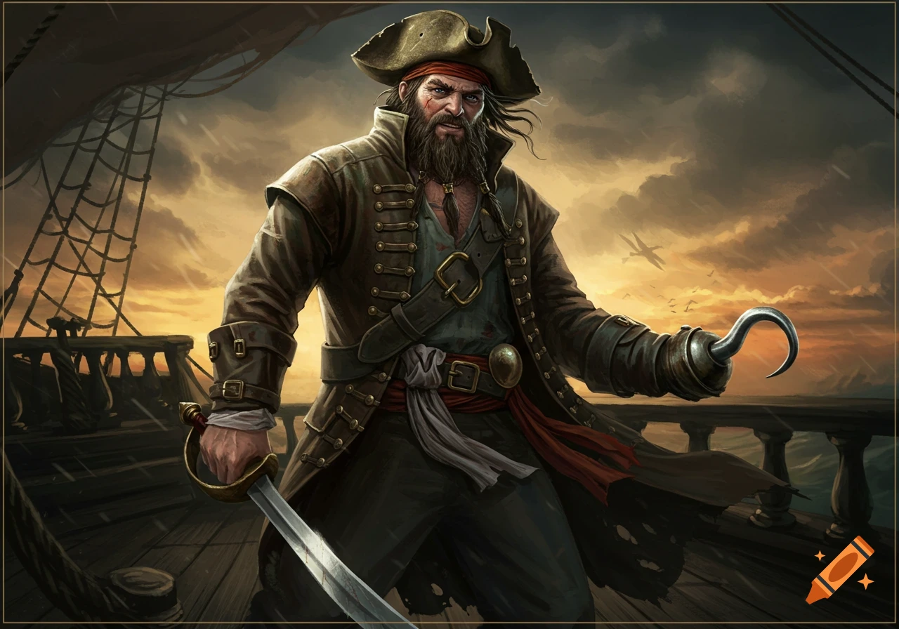 A bearded pirate stands on a ship deck with a sword and hook hand under ...
