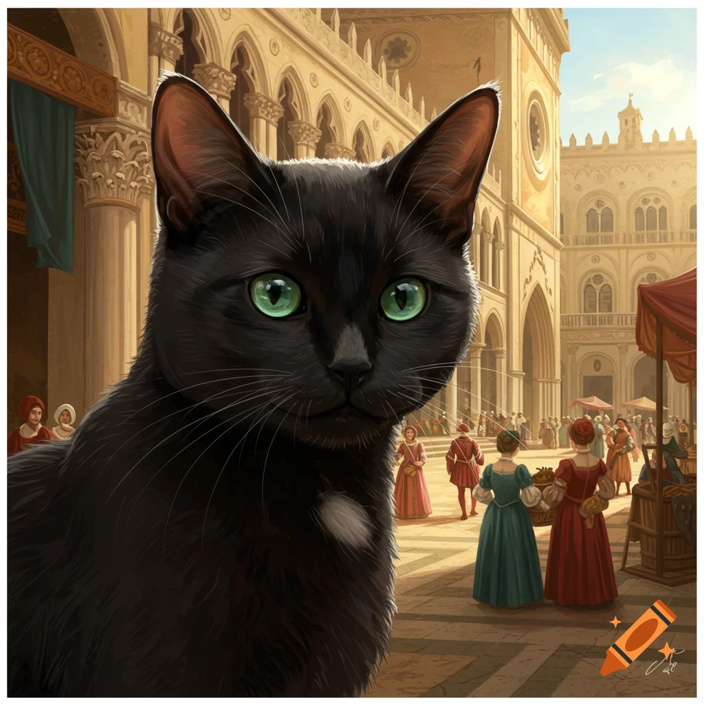 Close-up of a black cat with green eyes in a Renaissance city square ...