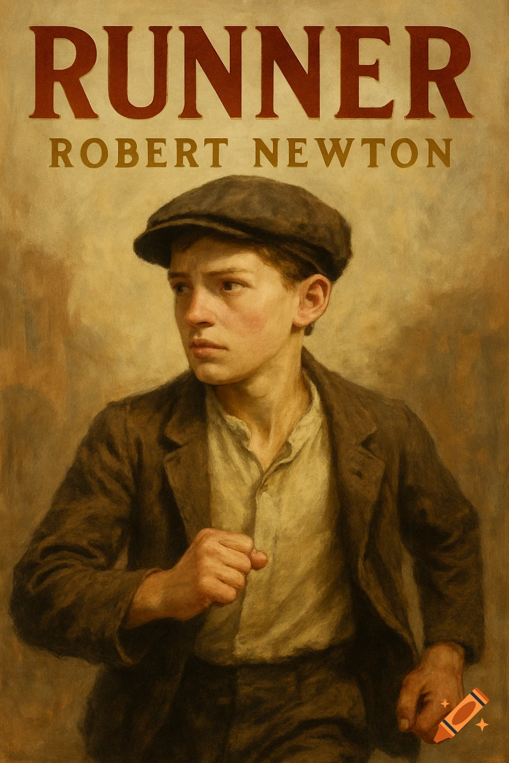 A young boy in a cap and jacket, looking to the side as if running ...