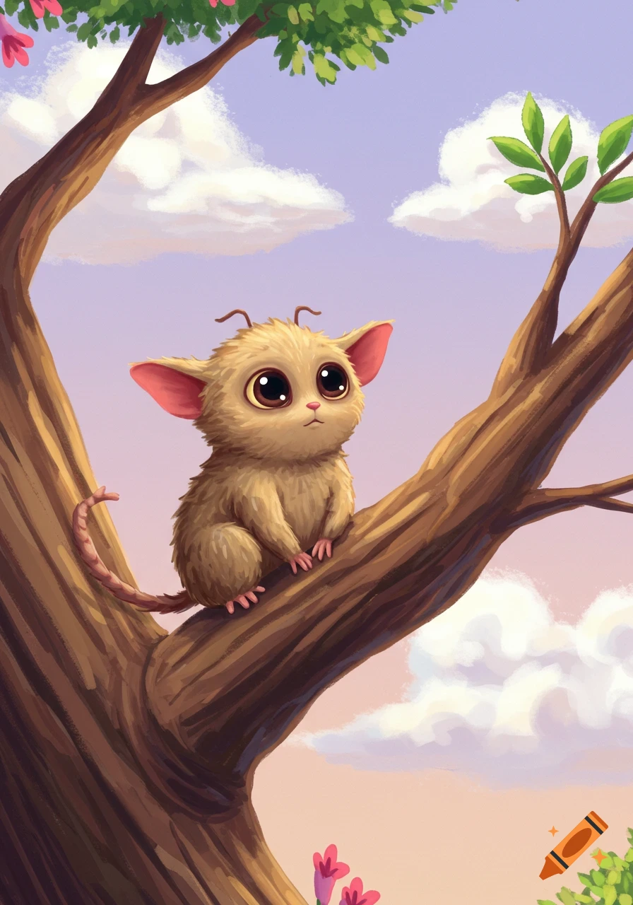 A cute furry creature with large eyes sits on a tree branch looking into the distance ...