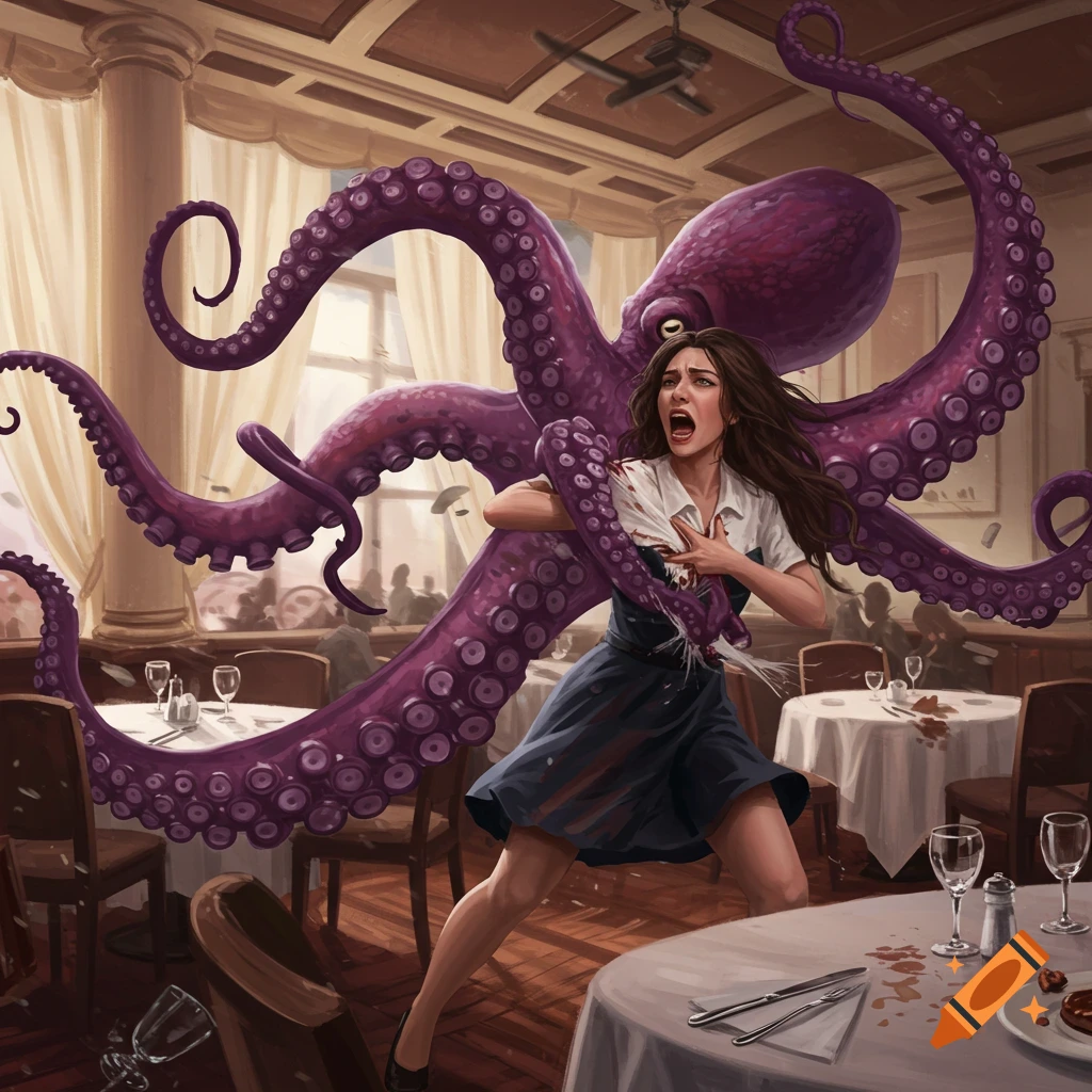A woman is attacked by a large purple octopus in a restaurant. on Craiyon