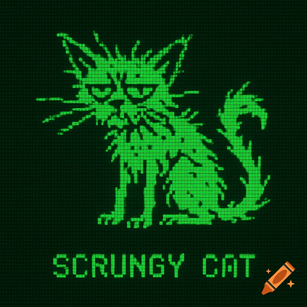 Pixelated green illustration of a scrungy cat on a black screen with ...