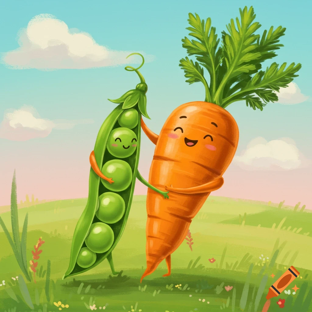 A cute cartoon pea pod and carrot hug in a field. on Craiyon
