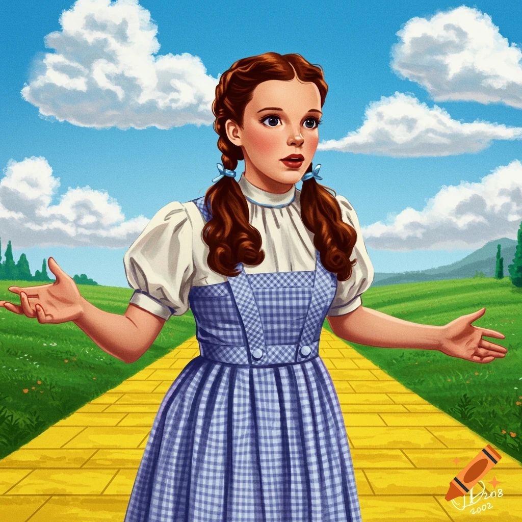 Dorothy from The Wizard of Oz stands on the Yellow Brick Road with arms ...