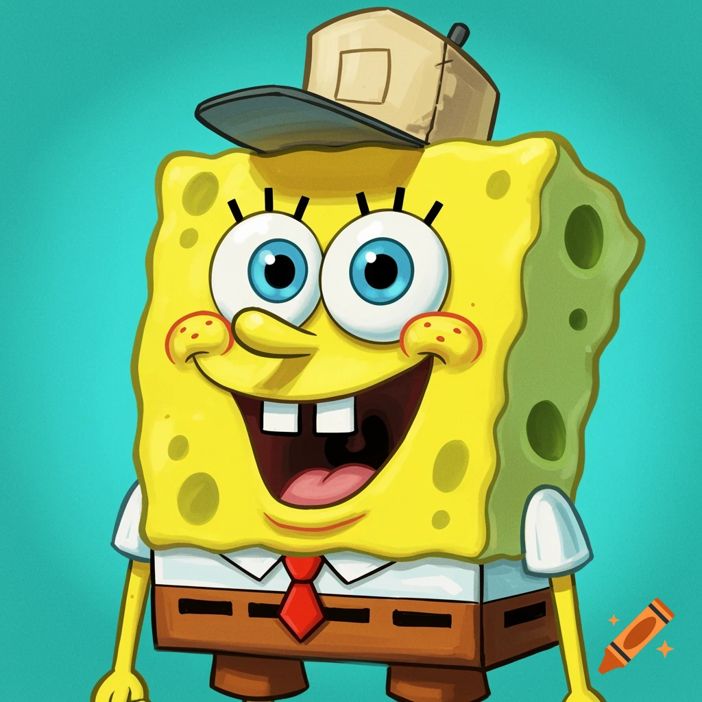 Spongebob Squarepants smiling and wearing a baseball cap. on Craiyon