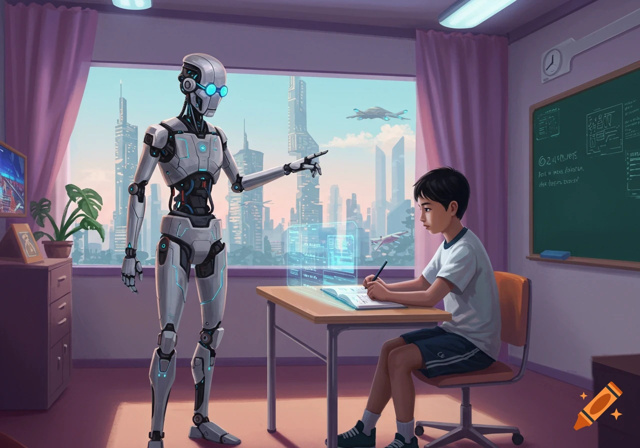 Robot teacher helps a student study in a futuristic classroom ...