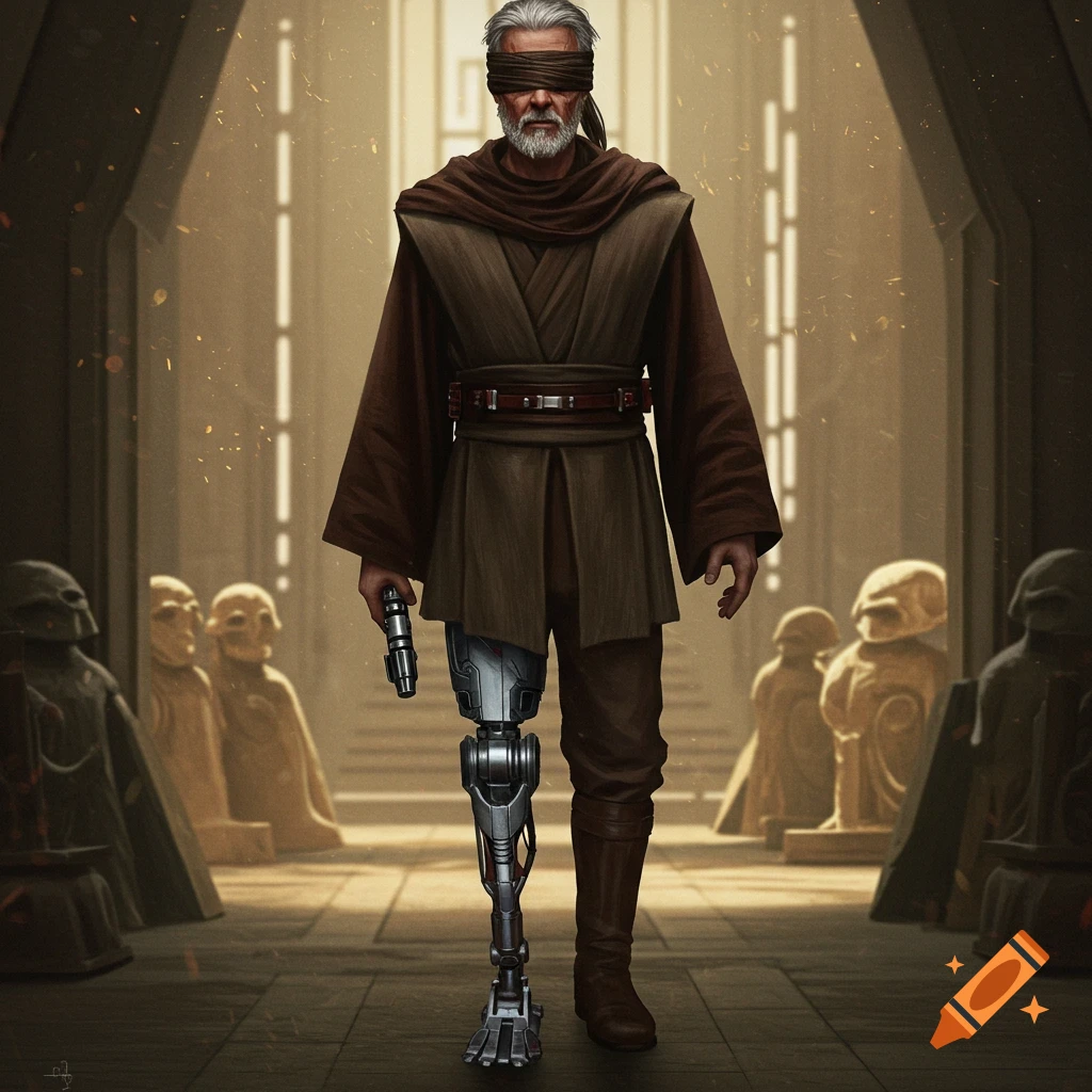 A blindfolded man in robes with a cybernetic leg stands in a temple ...