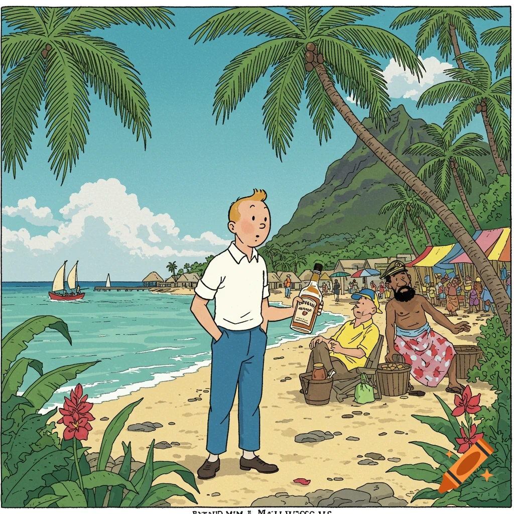 Tintin and Captain Haddock on a tropical beach, comic book style on Craiyon