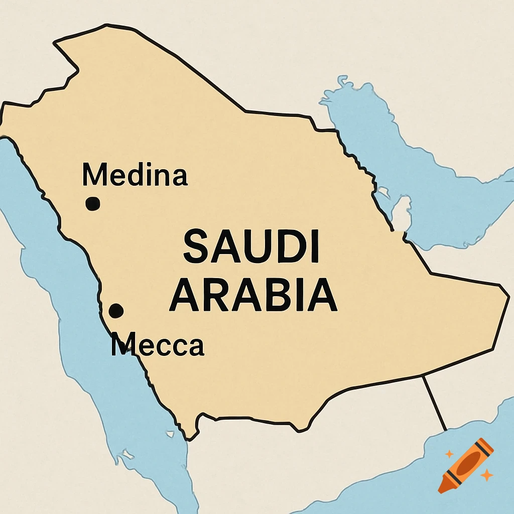 A simplified map of Saudi Arabia showing the locations of Medina and Mecca. on Craiyon