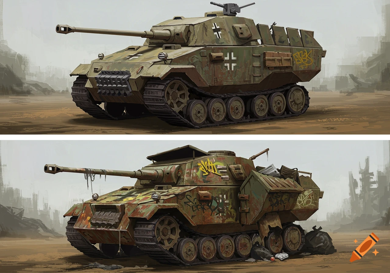 Concept art of two repurposed WWII German tanks with graffiti, one ...