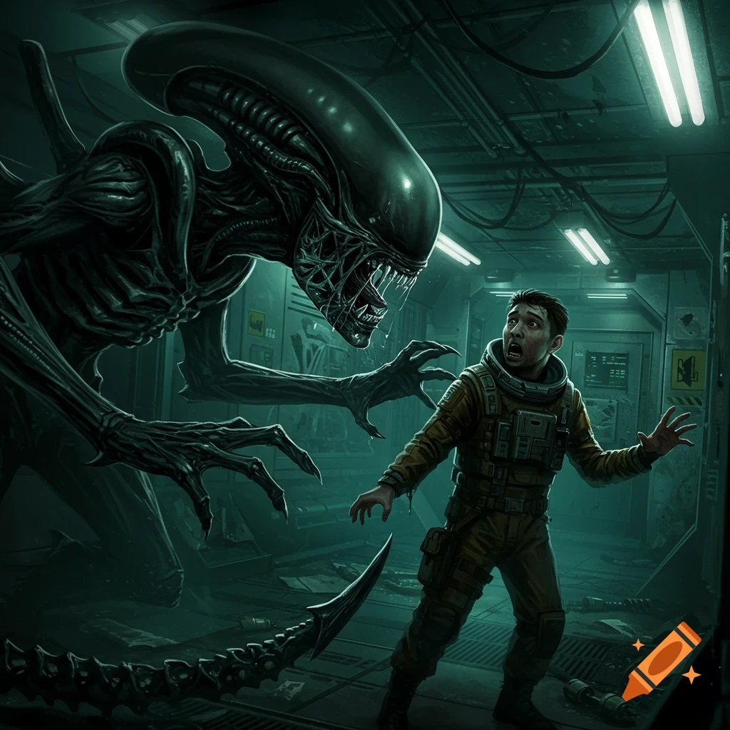 A terrifying alien monster confronts a human in a space suit in a dark ...