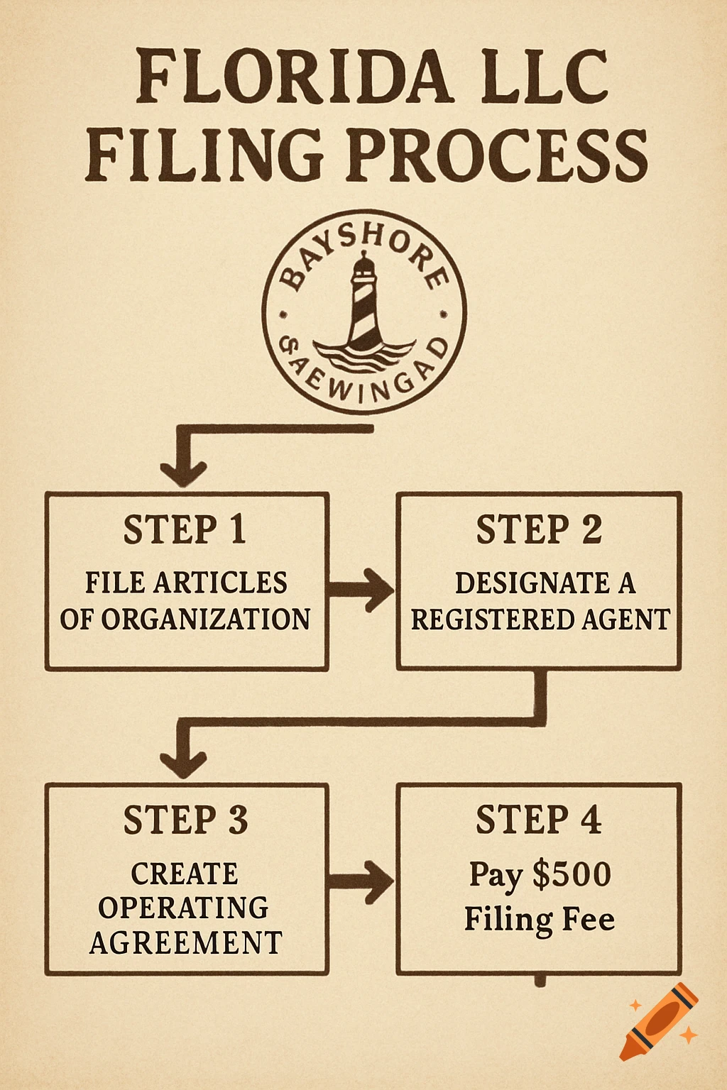 Flowchart shows 4 steps for Florida LLC filing process: File Articles ...