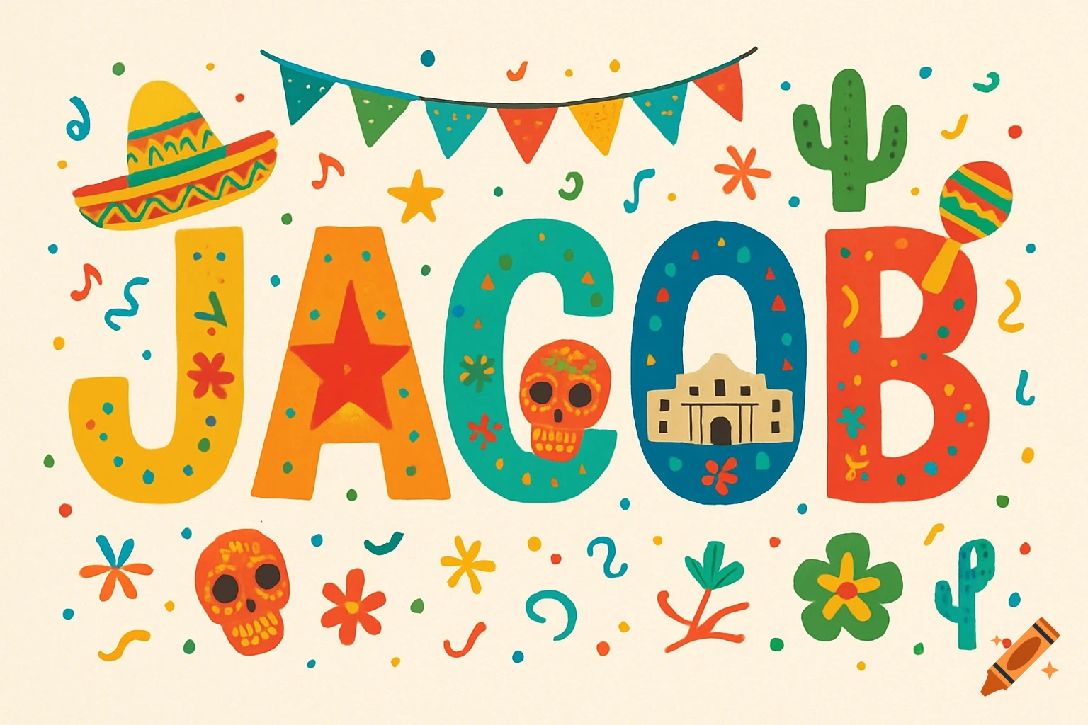 The name JACOB written in large, colorful, festive letters surrounded ...