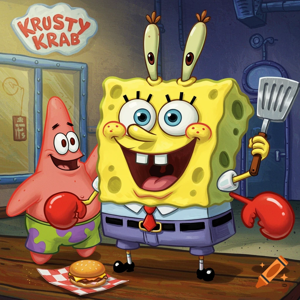 Spongebob holds a spatula next to Patrick with a Krabby Patty burger at the Krusty Krab. on Craiyon