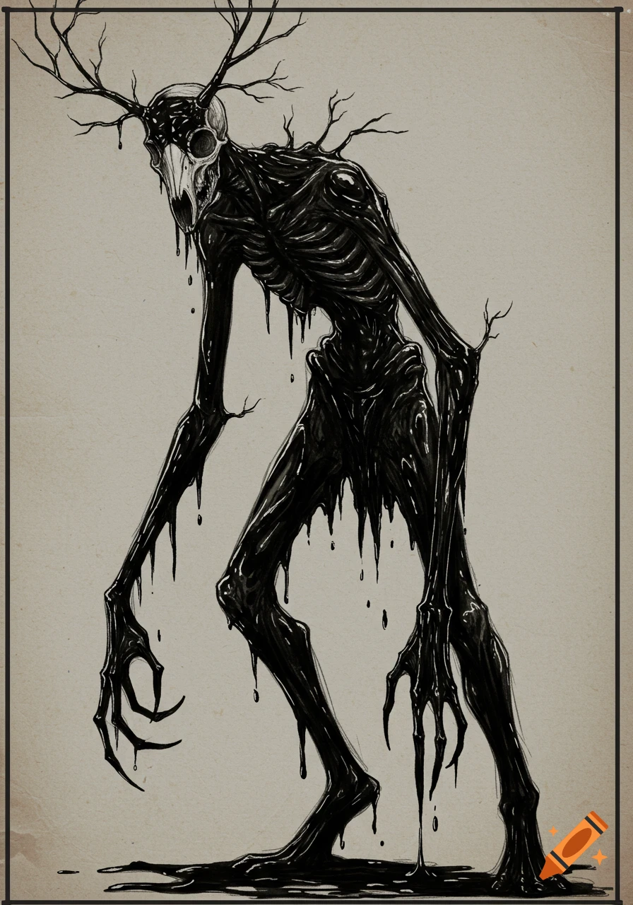 Black ink drawing of a skeletal creature with antlers, covered in ...