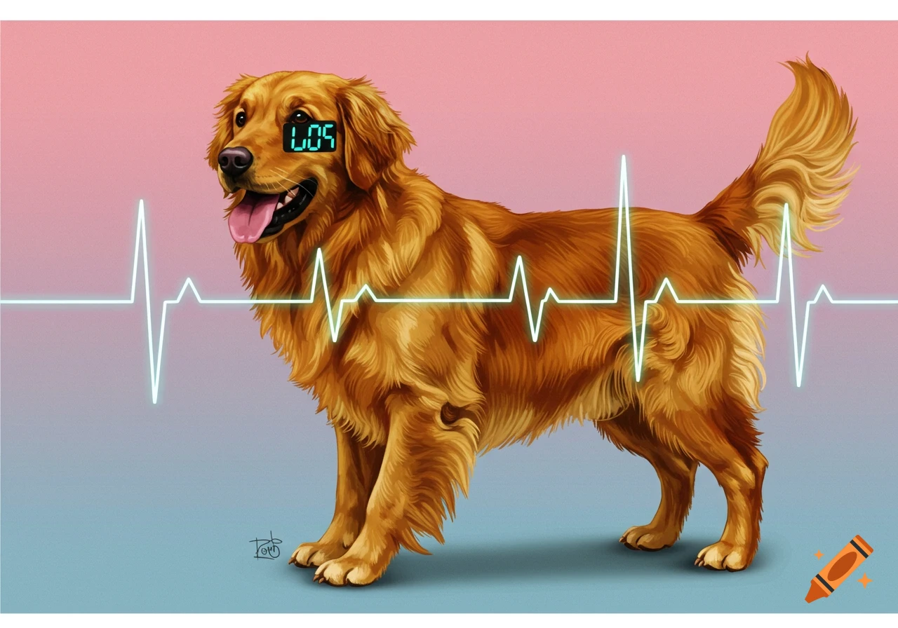Illustration of a Golden Retriever dog with a digital display over its ...