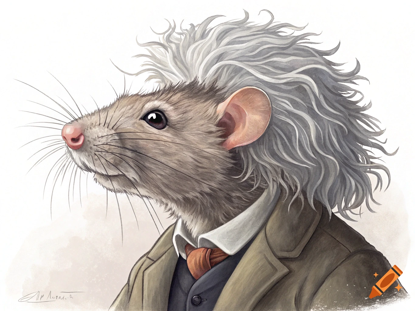 Illustration of a rat in a suit with wild grey hair resembling Albert Einstein. on Craiyon